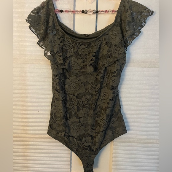 Express | Tops | Express Green Lace Off The Shoulder Ruffle Bodysuit ...